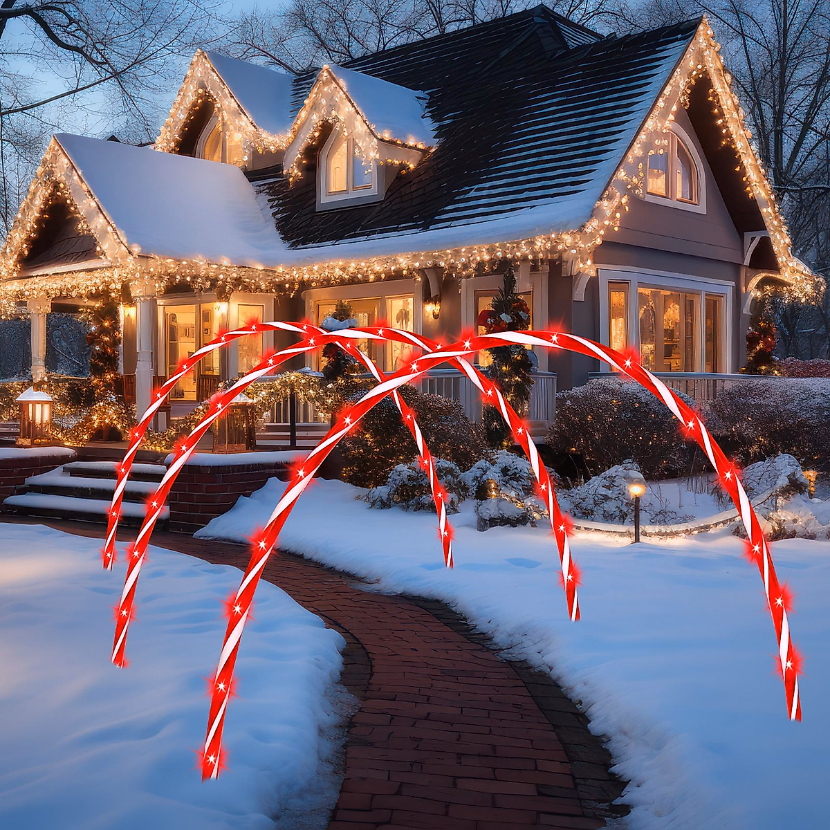 VIHOSE 10ft Christmas Candy Light Arch LED Christmas Outdoor Arches Decor with Flasher Modes Xmas Candy Cane Pathway Markers Lights for Holiday Wedding Yard Lawn Decor(3,Red White)