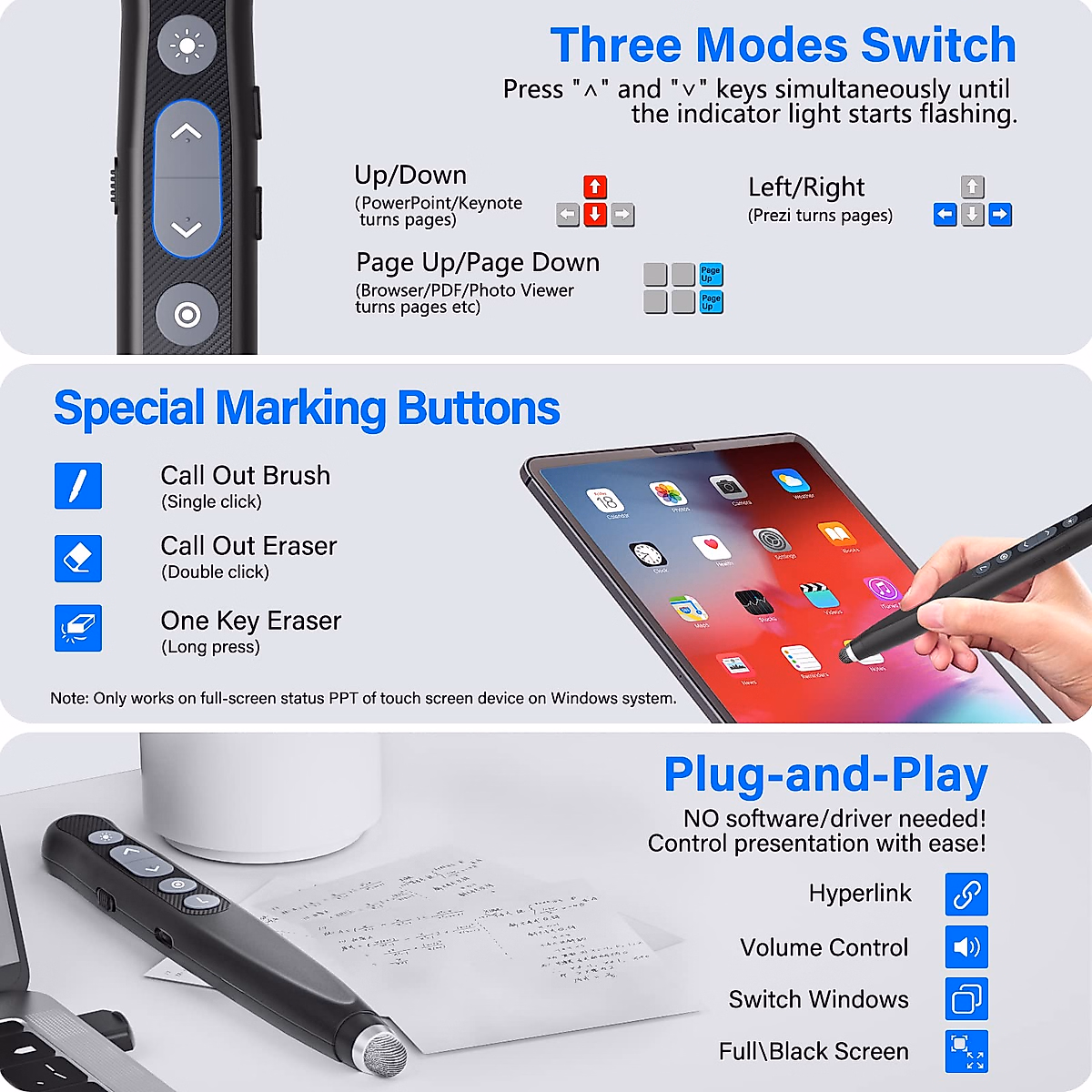 NinjaABXY Presentation Clicker with Pointer Stylus Pen for Touch Screen, Rechargeable Wireless Presenter Remote, RF USB PowerPoint Clicker, Slide Advancer with Hyperlink Volume Control for Mac PC