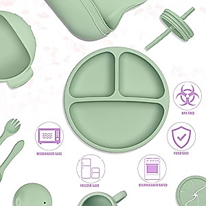 LOKEISNA Silicone Baby Feeding Set 6+ Months, Baby Led Weaning Feeding Supplies, Strong Suction Bowl & Suction Plate, Adjustable Bibs, 4-in-1 Cup, Silicone Spoon & Fork, Food-grade Silicone (Green)