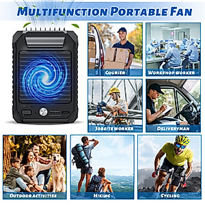 Goldenbbjoy Portable Waist Clip Fan Neck Fan, 10000mAh Battery Powered Belt Fan, Body Fan with 3-Speed, Strong Airflow for Jobsite Farm Fishing Gardening, Black…