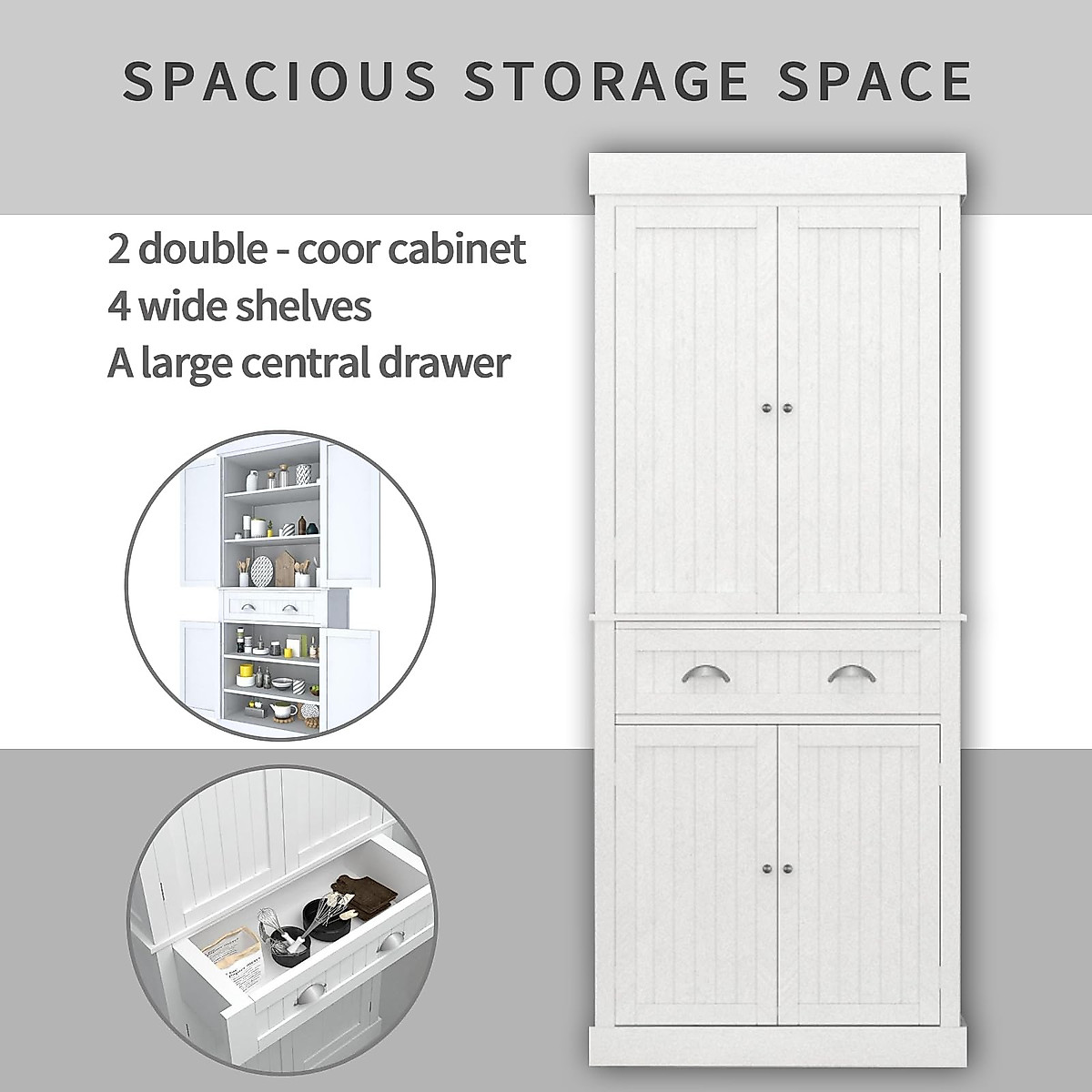 DalyLuxa 72" Freestanding Kitchen Pantry Storage Cabinet with Doors and 5 Adjustable Shelves, Tall Cupboard with Large Drawer for Dinning Room, Laundry Living Room, White