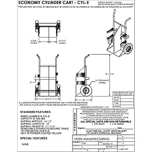 Vestil CYL-E Steel Cylinder Torch Cart with Pneumatic Wheels 23 in. x 34-1/2 in. x 57 in. 500 Lb. Capacity Yellow
