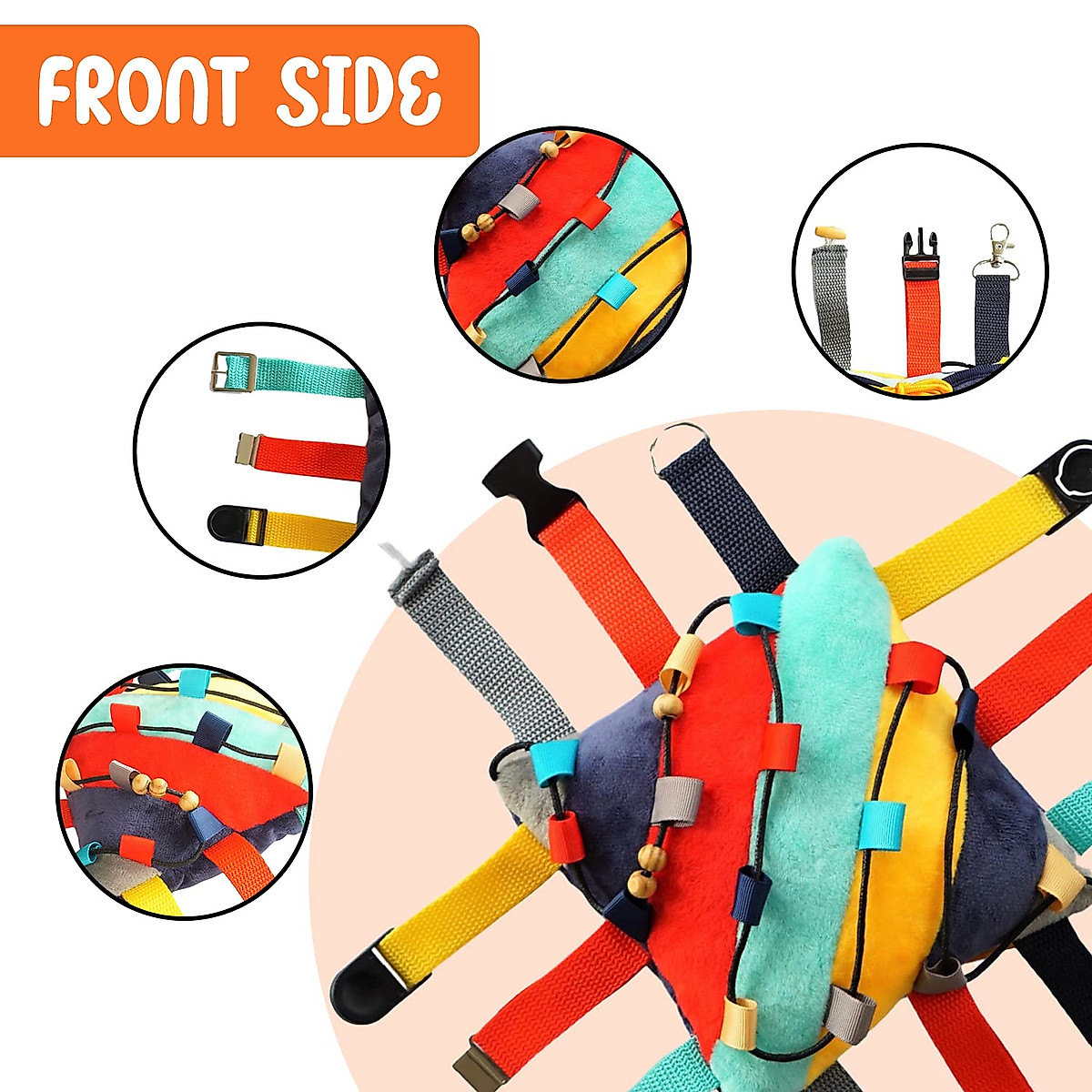 SENSORY4U Buckle Pillow Sensory Fine Motor Development Toy Activity Plushie - OT Therapy Tool Threading Counting Colors Latches Sorting Skills in One - 2nd Edition