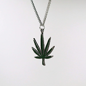 Real Metal Marijuana Weed Pot Leaf Green Enamel on Silver Finish Pewter Pendant Necklace