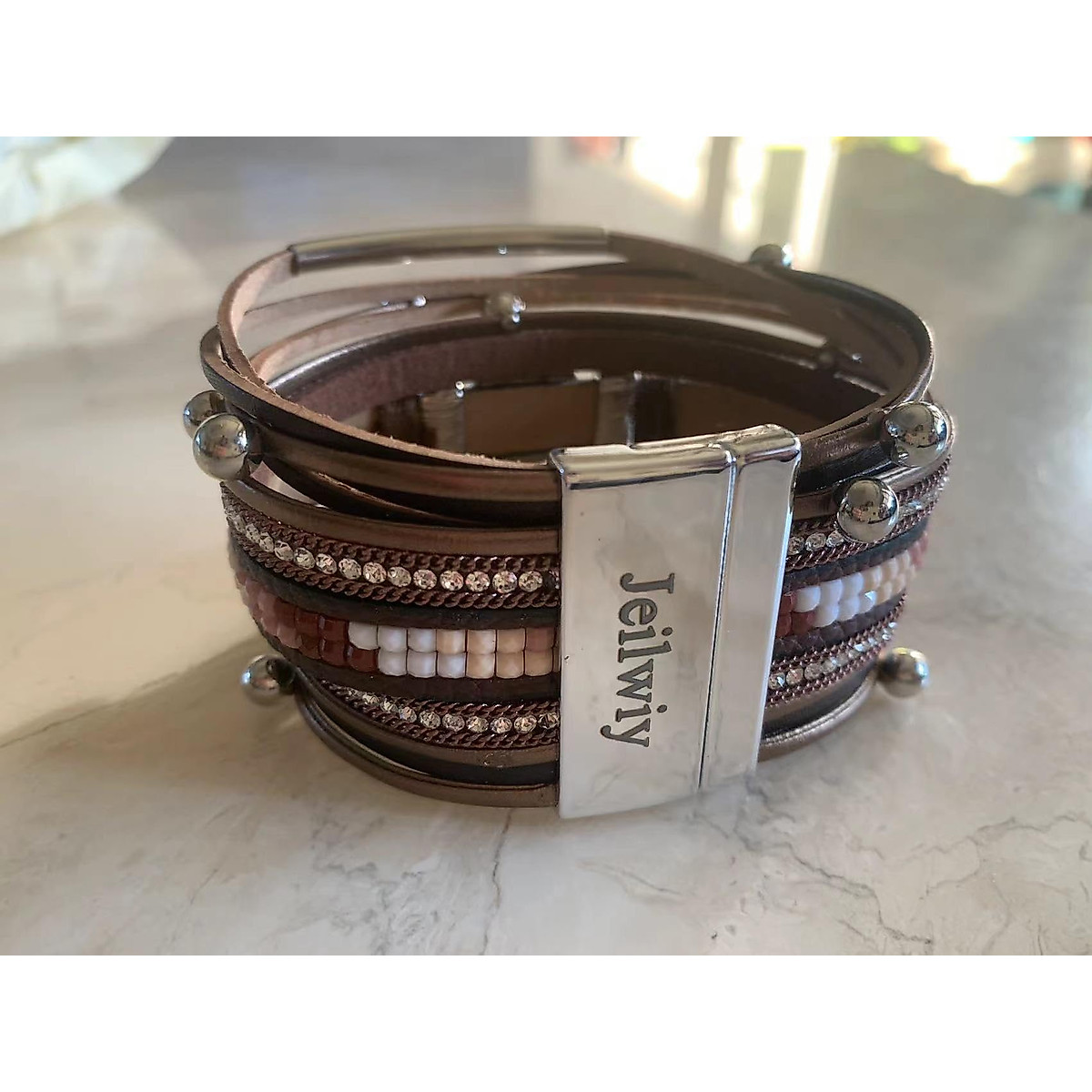 Jeilwiy Leather Wrap Around Bracelet Multi Rope Boho Bracelets Cuff Bangle Baroque Pearls Handmade Bohemian Jewelry for Women, Daughter, Sister Gifts