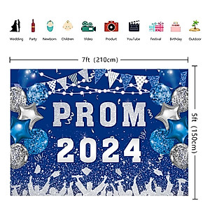 INRUI Prom 2024 Photography Background Blue and Silvery 2024 Prom Night Banner Glitter Balloons Flags Graduation Prom Party Decorations Backdrop (7x5FT)