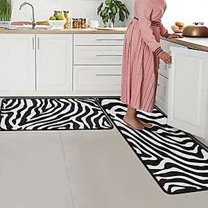 Animal Zebra Print Abstract Kitchen Rug Sets 2 Piece Non-Slip Kitchen Mat Area Rug Long Floor Mat Carpet Pads Doormat for Living Room Indoor Bathroom Entryway Decor, 47x17 inch+29x17 inch