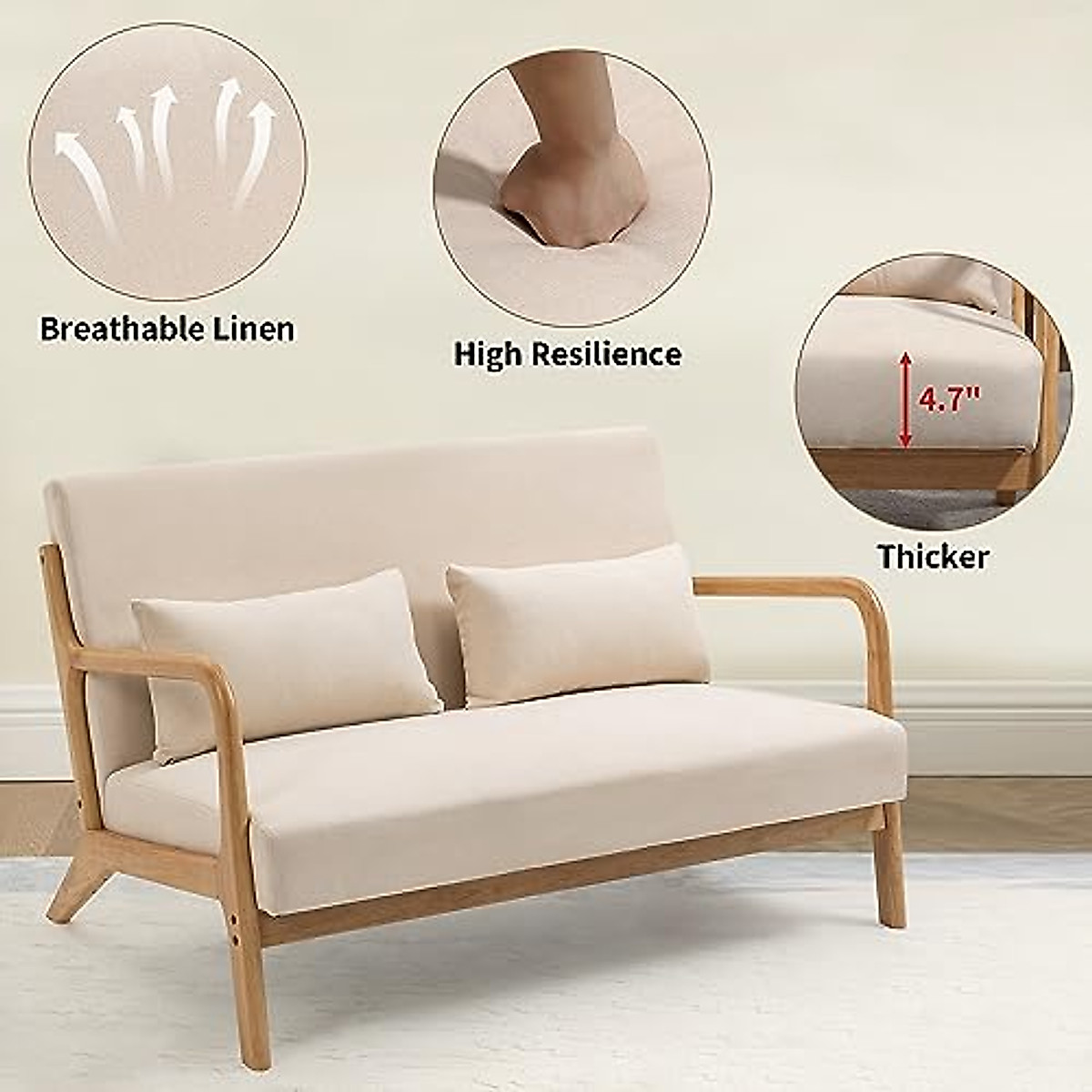 ARSURA Leisure Chair with Solid Wood Armrest and Feet, Mid-Century Modern Accent Sofa, for Living Room Bedroom Studio, 2 seat, Beige