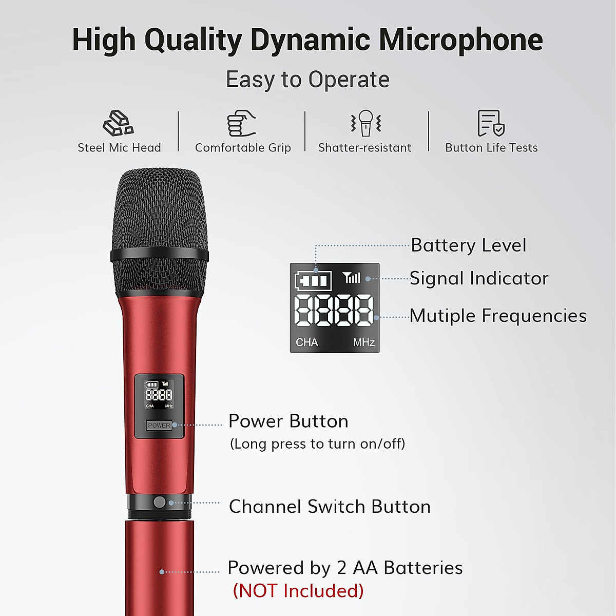 TONOR Wireless Microphone Systems, Dual 2x15 adjustbale UHF Channels Micro Kit, Metal Handheld Dynamic Singing Mic 200ft with Receiver for Karaoke, DJ Party, Church, Wedding, Speech, PA TW450 Grey&Red