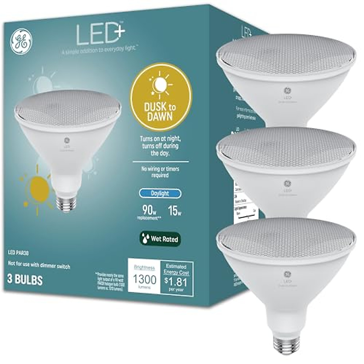 GE LED+ Dusk to Dawn LED Light Bulbs, 15 Watts, Automatic On/Off PAR38 Outdoor Floodlight, Daylight (3 Pack)