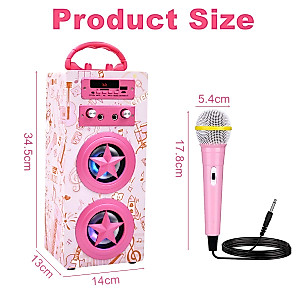 Kidsonor Kids Bluetooth Karaoke Machine with 2 Microphones, Wireless Remote Control Portable Karaoke Music MP3 Player Loudspeaker with Microphones for Kids Adults Home Party (Pink)