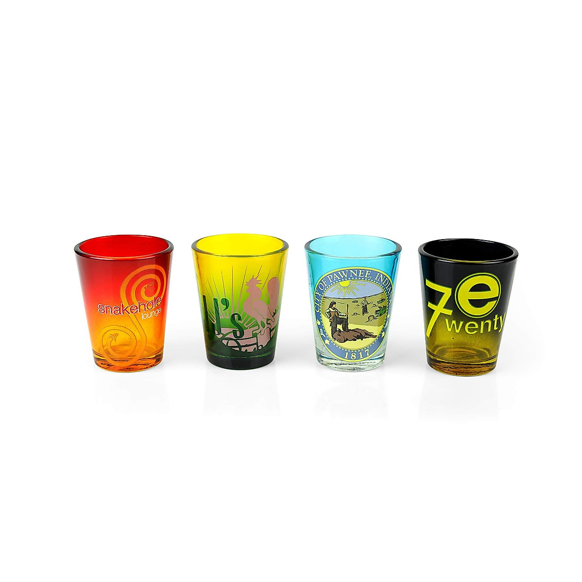 Surreal Entertainment Parks and Recreation Location Logos 4 Piece Shot Glass Set