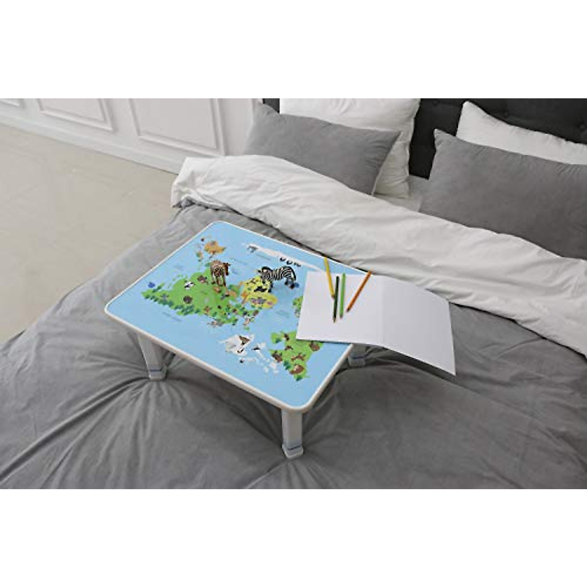 Baby Care Kids Folding Floor Table w/Adjustable Heights - for Play, Reading, and Snack Time and More (World Map)