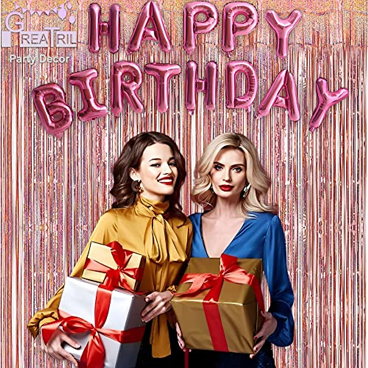 Rose Gold Tinsel Curtain Party Backdrop - GREATRIL Foil Fringe Curtain Streamers for Bachelorette Party Decorations Bride to Be Birthday Girls Streamers Party Decor 2 Packs (Glitter Rose Gold)