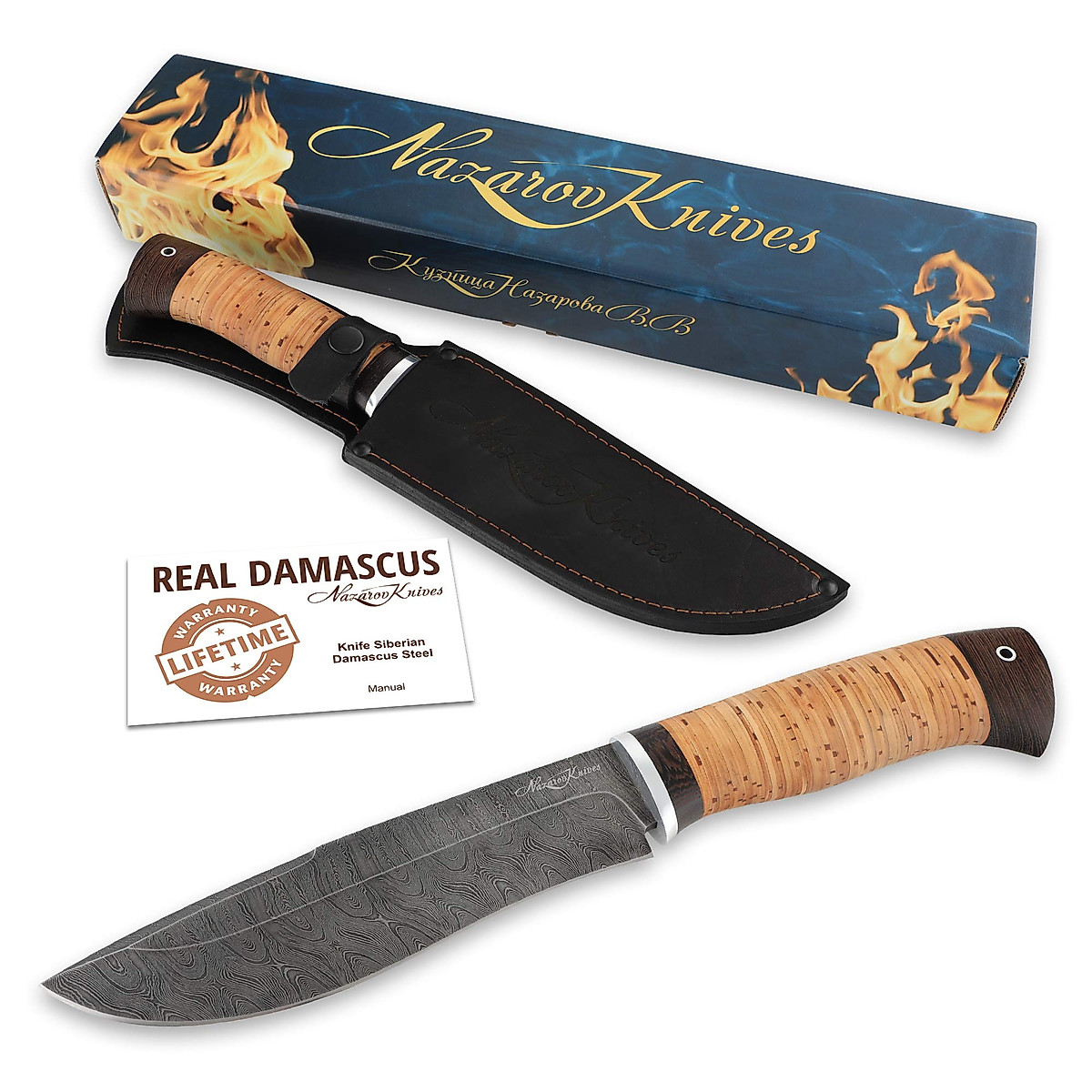 Hunting Knife - Damascus Knife - Birchbark Handle - SIBERIAN - Fixed Blade Knife