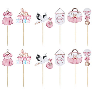 Gyufise 36Pcs Baby Shower Girl Cupcake Toppers Swan Pacifier Cloud Moon Star Baby Girl Cupcake Picks Oh Baby It's a Girl Cake Decorations for Baby Shower Kids Girls Birthday Party Supplies Pink