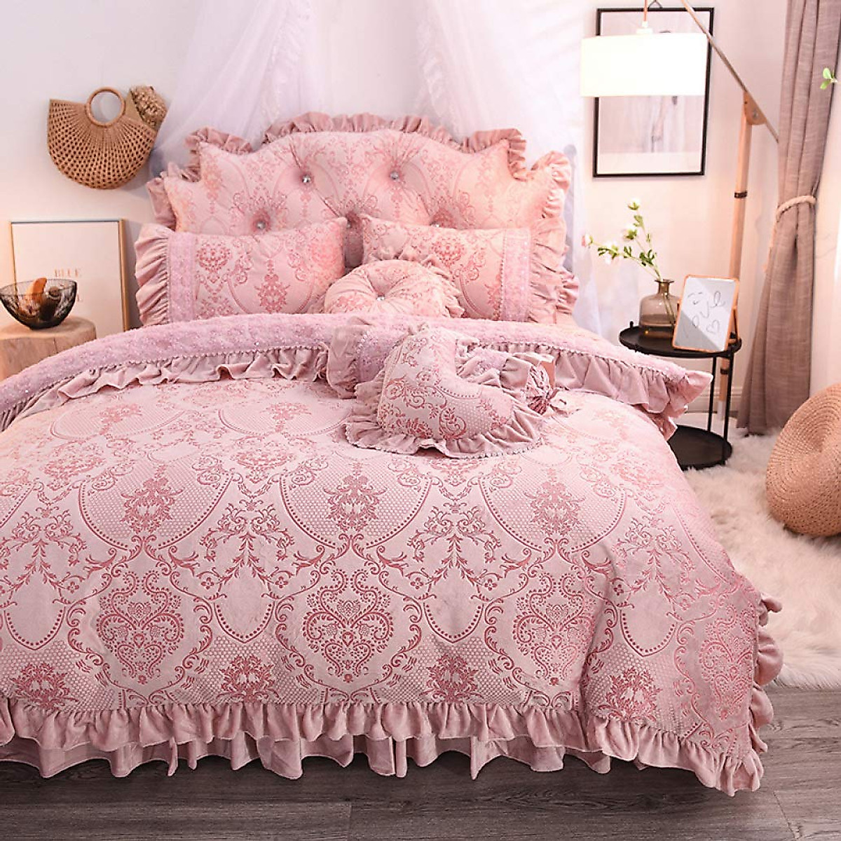 YURASIKU Princess Bedding Set Soft Fleece Jacquard Duvet Cover Set Romantic Lace Flower Design Ruffle Comforter Cover Set with Bed Skirt Girls Queen Size Light Pink