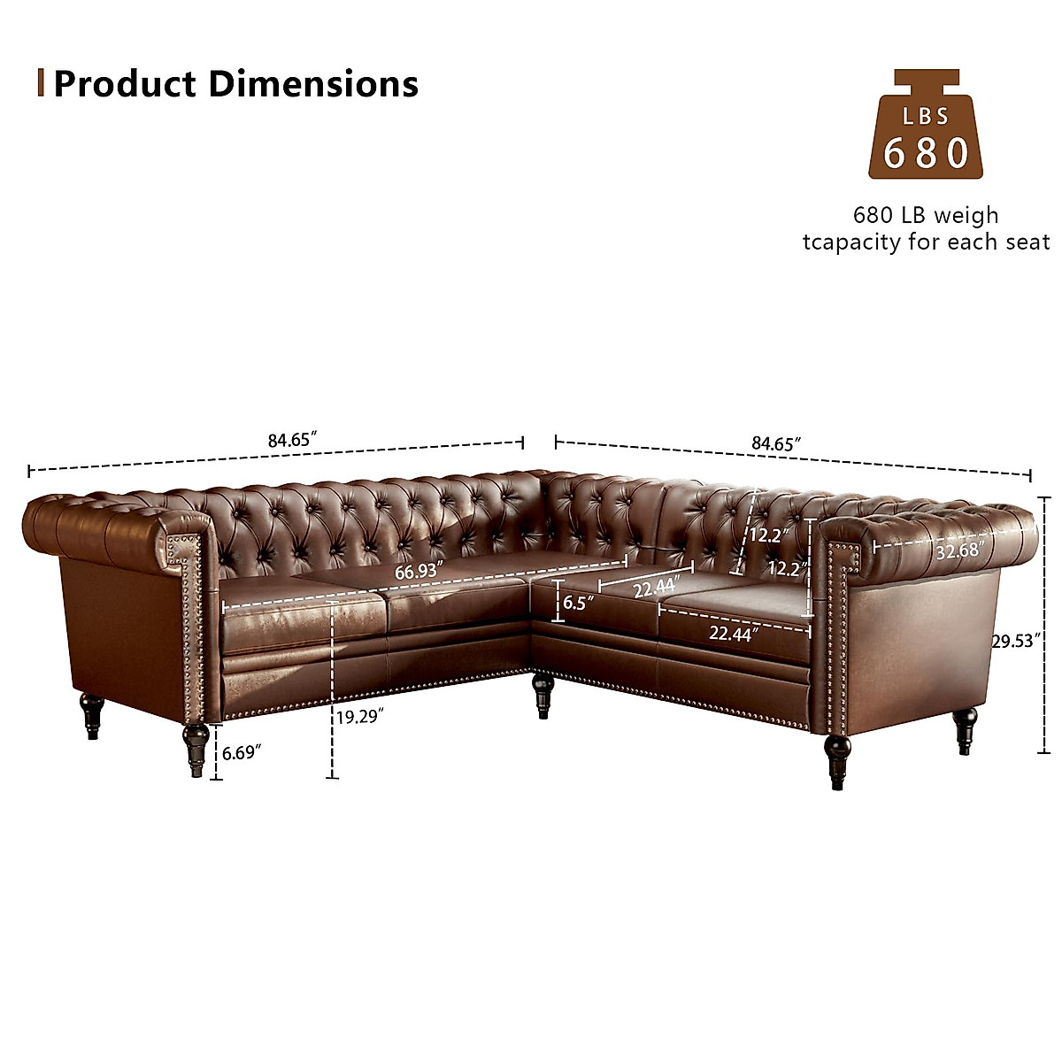 EYBCT Faux Leather Sectional Sofa Couch for Living Room, L Shaped Reversible Modern Chesterfield Sofa with Rolled Arms and Nailhead, 5 Seat Tufted Couch for Small or Large Space (Dark Brown)