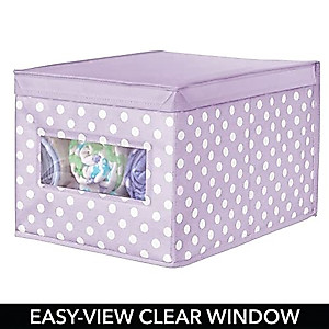 mDesign Large Soft Stackable Fabric Baby Nursery Storage Organizer Holder Bin Box with Front Window and Lid for Child/Kids Bedroom, Playroom, Classroom - 6 Pack, Light Wisteria Purple/White Polka Dot