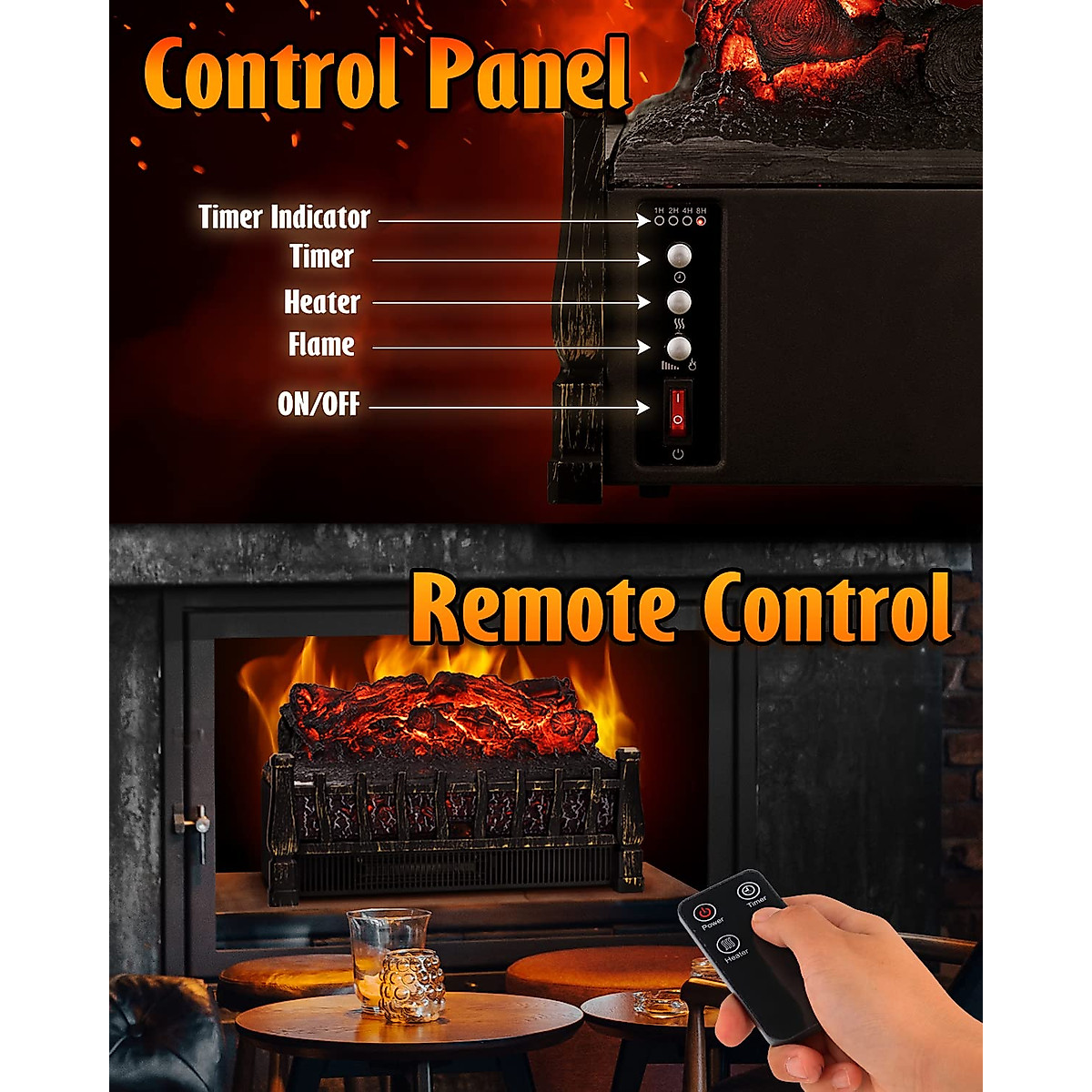 Electric Fireplace Logs Heater, Fireplace Insert with Realistic Fake Fire, 4 Flame Brightness, Remote Control, 8H Timer, Overheat Protection, Ember Bed Heater for Living Room, Christmas Decor, 1500W