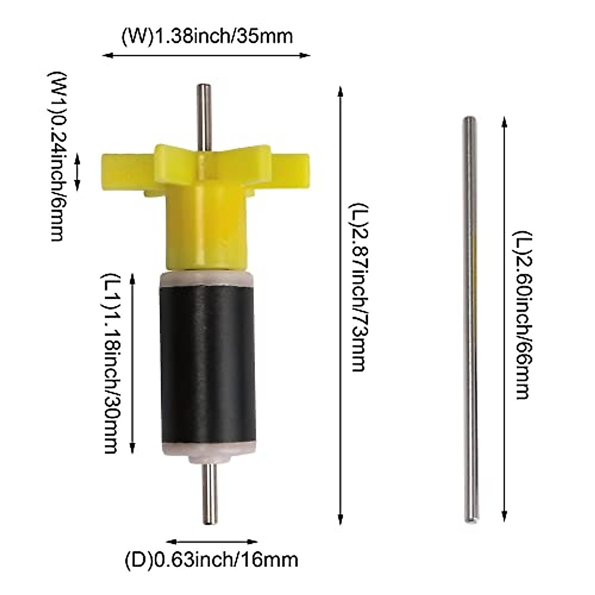 Submersible Pump Rotor Impeller with Shaft and Bearing Replacement Magnetic Filter 2.95" Shaft length Yellow