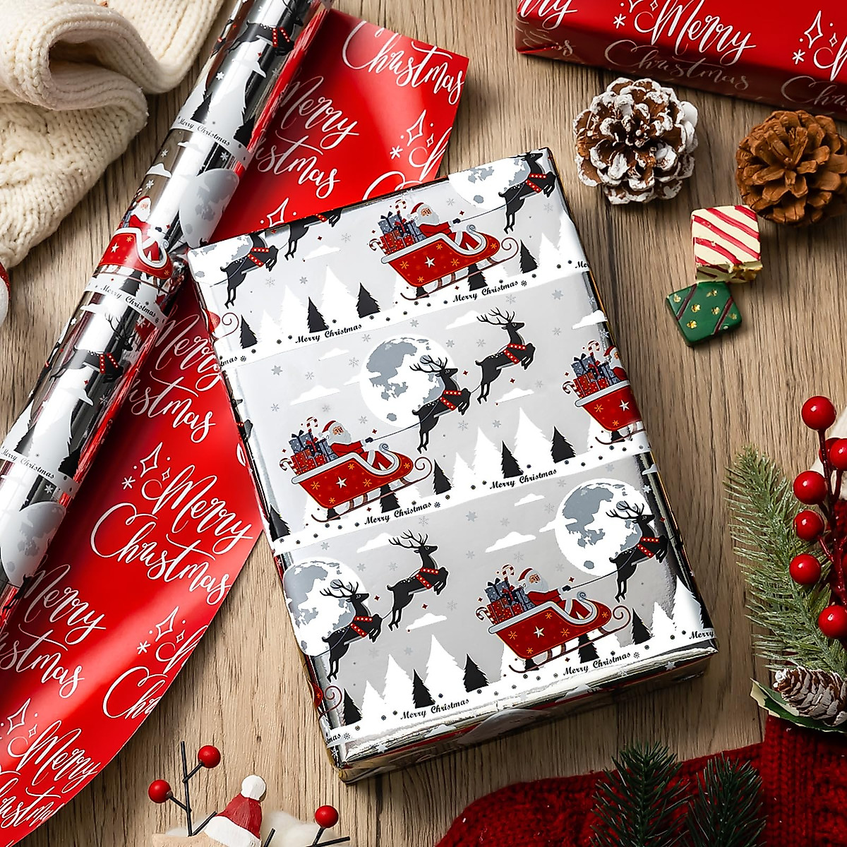 MAYPLUSS Reversible Christmas Wrapping Paper - 17 Inch X 33 Feet - Creative Red Santa Claus Riding a Sleigh Delivering Presents with Metallic Foil Design Winter Gift Wrap Paper for Holiday, New Year
