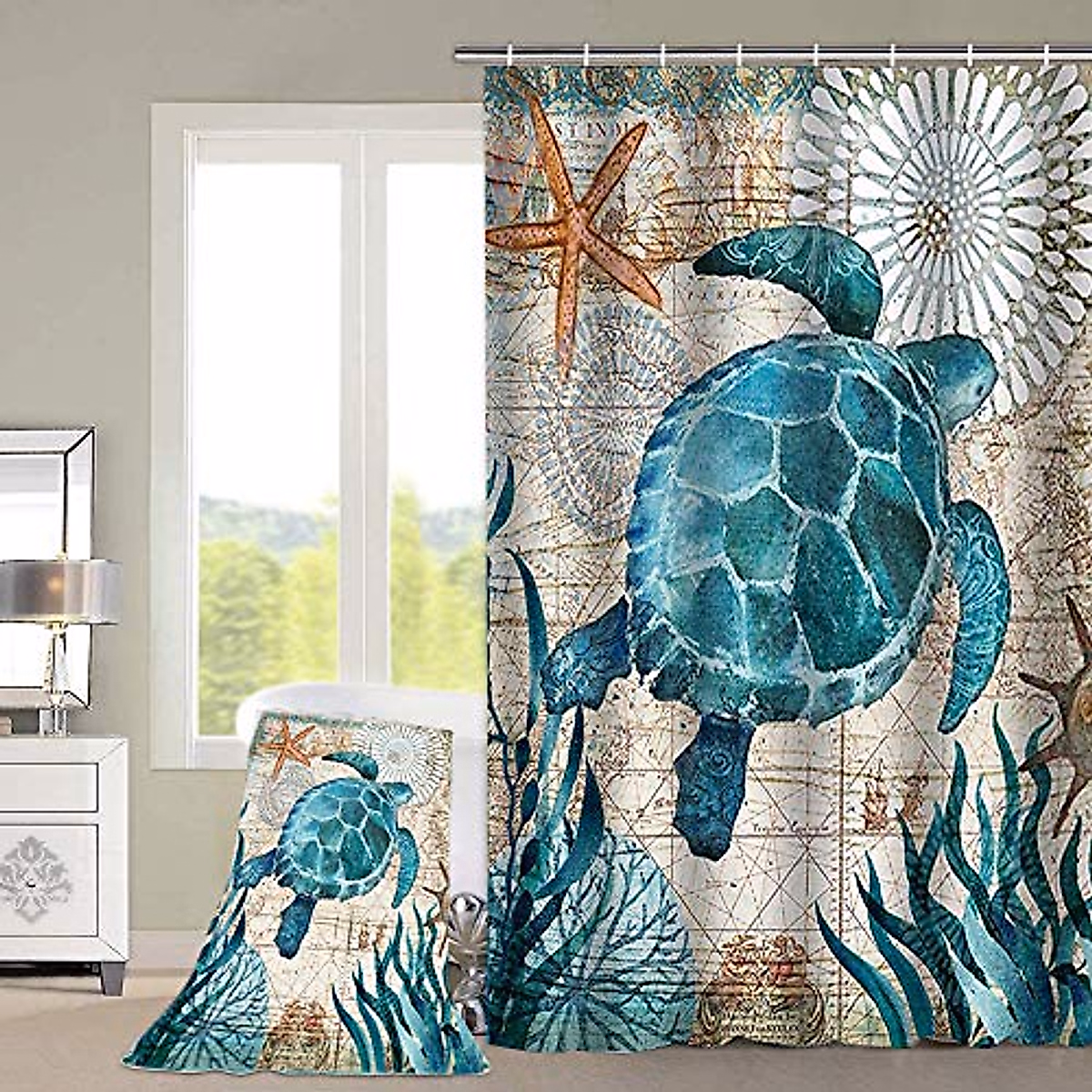 Nautical 5 Pcs Sea Turtle Shower Curtain Set with Rugs and Towels Include Non-Slip Rugs, Toilet Lid Cover and Bath Mat Ocean Waterproof Shower Curtain Sets with 12 Hooks