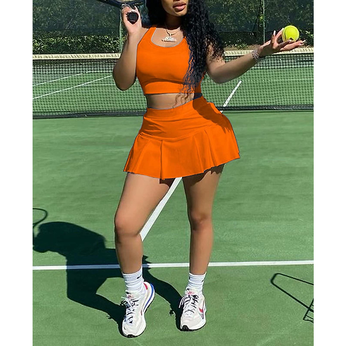 Sexy Sports 2 Piece Outfits - Slim Tank Crop Top High Waist Tennis Golf Pleated Skirt Bodycon Athletic Suit Orange M