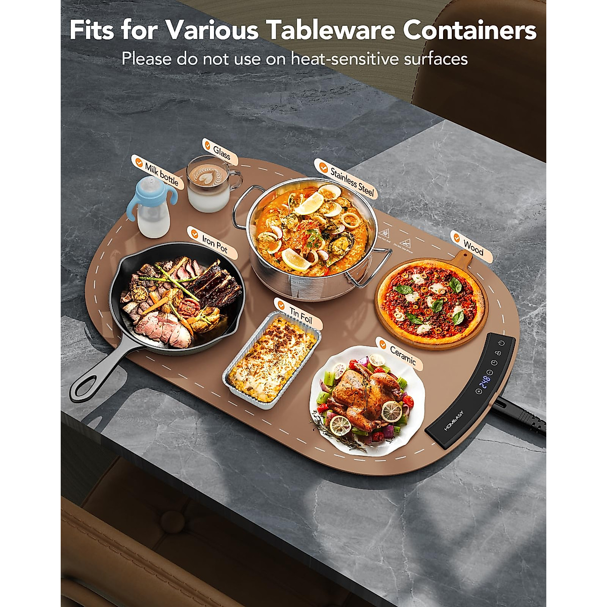 Food Warming Mat, Electric Warming Trays for Food Countertop Buffet, Food Warmers for Parties Food Heating Mat with 9 Temperature Setting & 7.2ft Cable & Foldable (Brown)