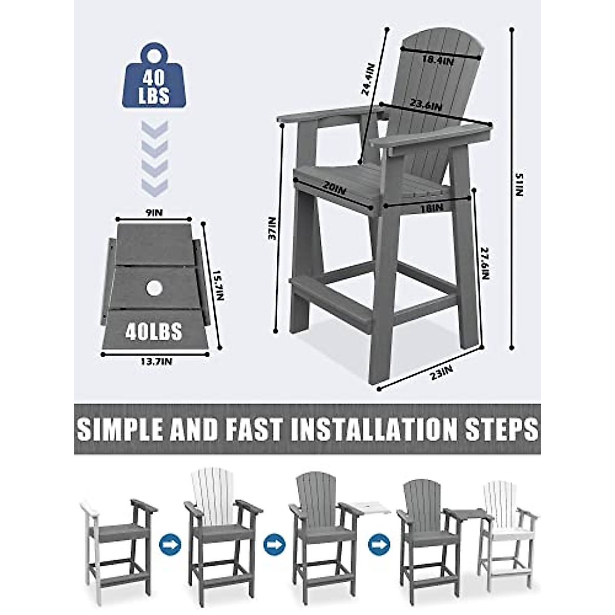 MARVOWARE Tall Adirondack Chairs Set of 2, Balcony Chair with Connecting Tray, 27.6 Inch Seat Height Outdoor Barstools, HDPE Plastic Patio Stools with Umberlla Hole Outdoor Patio Lawn