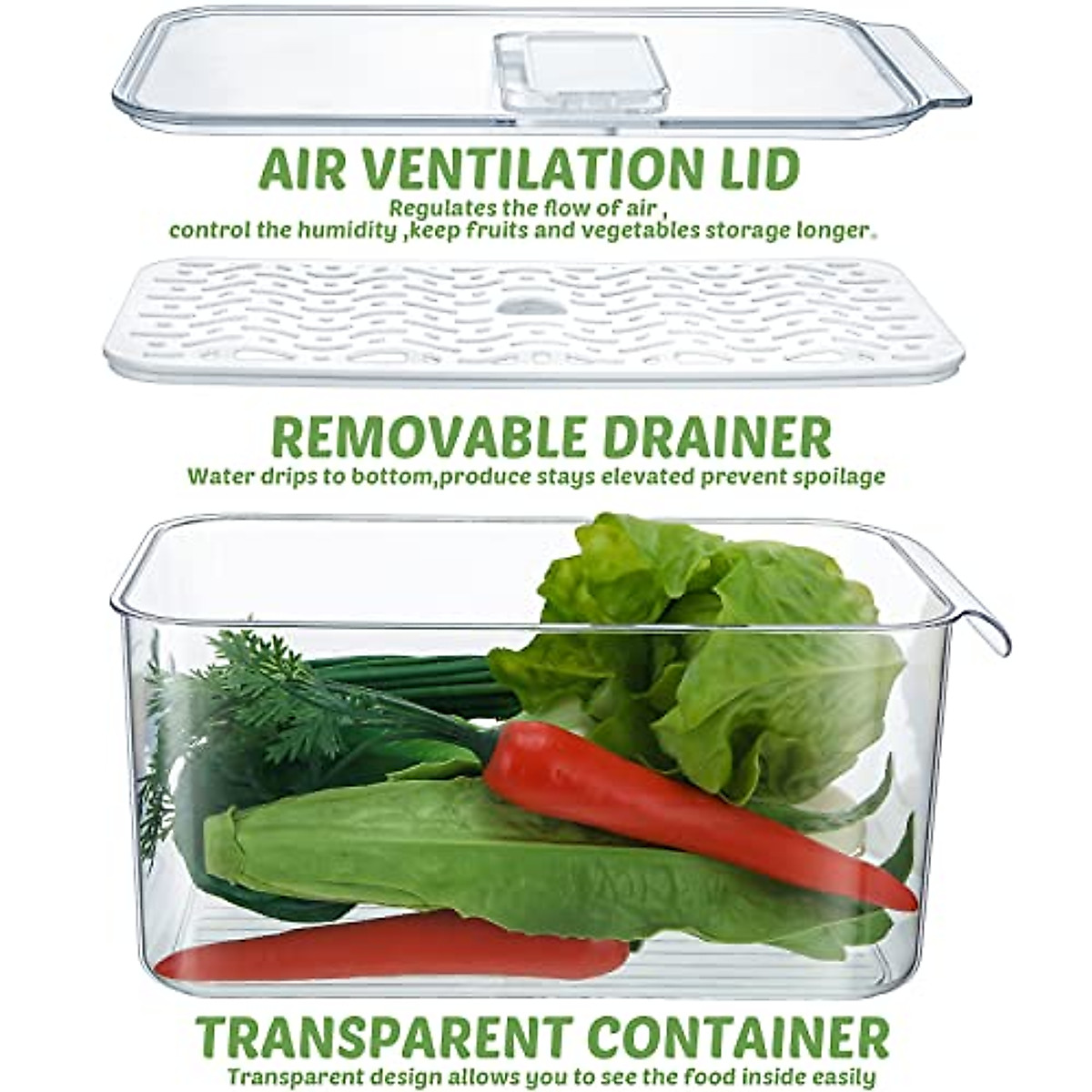 6 Pieces Fruit and Veggie Storage Containers for Fridge with Lids and Removable Drain Tray Produce Saver Food Storage Containers for Refrigerator to Keep Fruits, Vegetables, Meat, Fish Fresh and Dry