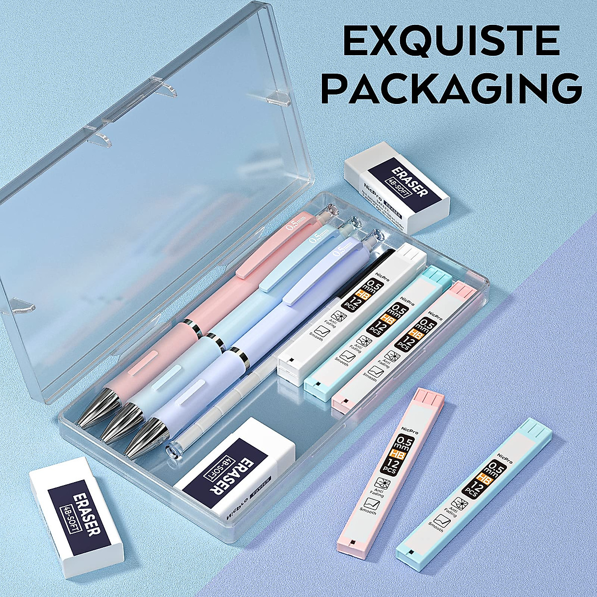 Nicpro 3 PCS Pastel Mechanical Pencil 0.5 mm for School, with 6 tubes HB Lead Refills, Erasers, Eraser Refills For Student Writing, Drawing, Sketching, Blue & Pink & Violet Colors - Come with Case