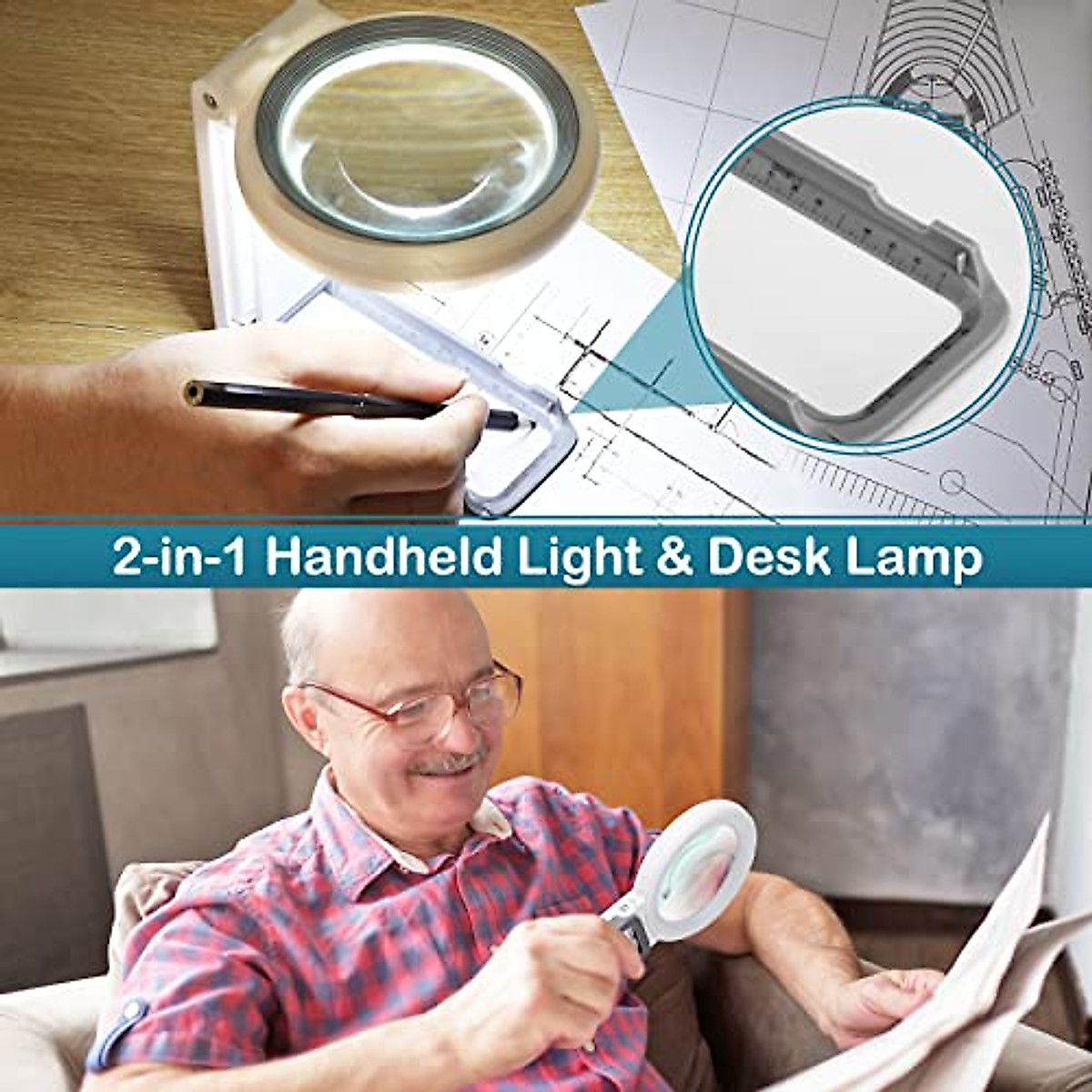 10X 30X Magnifying Glass with Light and Stand, Dimmable 18 LED Folding Handheld Magnifying Glass with Scale, Hands Free Lighted Magnifier for Close Working, Reading, Jewelry, Craft, Painting Miniature