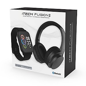 Itech Fusion 2 S Smartwatch with Wireless Headphones, Heart Rate, Step Counter, Sleep Monitor, Message, IP67 Water Resistant Unisex, Touch Screen, Compatible with iPhone and Android (Black)