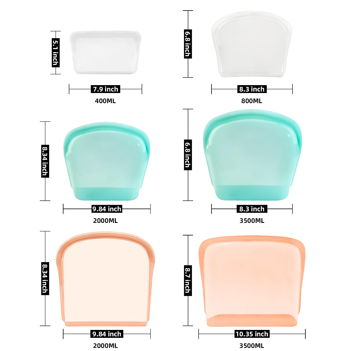 KVK Platinum Silicone Reusable Storage Bags - 8 Pack Food Meal Prep Container for Lunch, Travel, Makeup Bag - Oven Dishwasher Freezer Safe - Clear&Orange&Teal