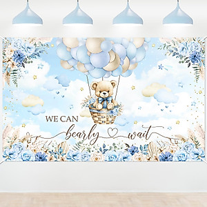 Avezano We Can Bearly Wait Backdrop Boho Blue Floral We Can Bearly Wait Banner Bearly Wait Baby Shower Party Decorations for Boys 70.8x43.3 inch (Blue)