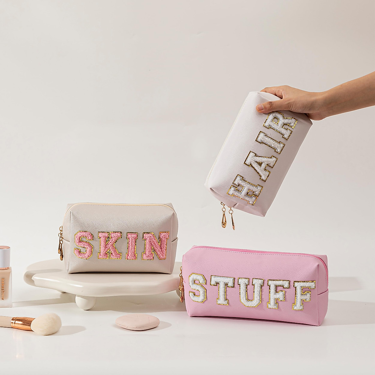 HBlife Pack of 3 Preppy Makeup Bag PU Leather Travel Toiletry Bag Set for Women Portable Chenille Letter Cosmetic Bag Waterproof Pouch Cute Zipper Organizer, Stuff, Skin and Hair