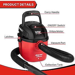 Shop-Vac Wet Dry Cordless Vacuum Cleaner, 8.0 Peak Kpa Cordless Vacuum Cleaner with Collapsible Handle Wall Bracket & Multifunctional Attachments, Portable Compact Shop Vacuum for Home, Car, Jobsite