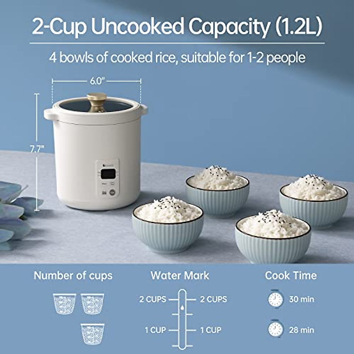 soseki Mini Rice Cooker, 2 Cups Uncooked Rice Cooker Small, One-Touch Screen with 4 Presets Rice Cooker For 1-2 people, 1.2L(1.3 QT) Yogurt Maker For Oatmeal,Macaroni,Borscht,Hot Pot (Pearl White)