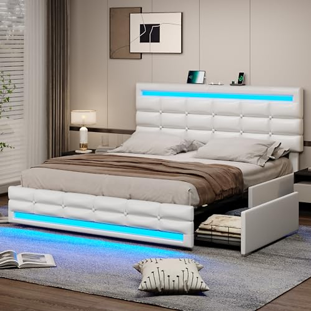 BTHFST Queen LED Bed Frame with Headboard, Faux Leather Platform Bed Frame with 2 USB Charging Station & Storage Drawers, No Squeak, White