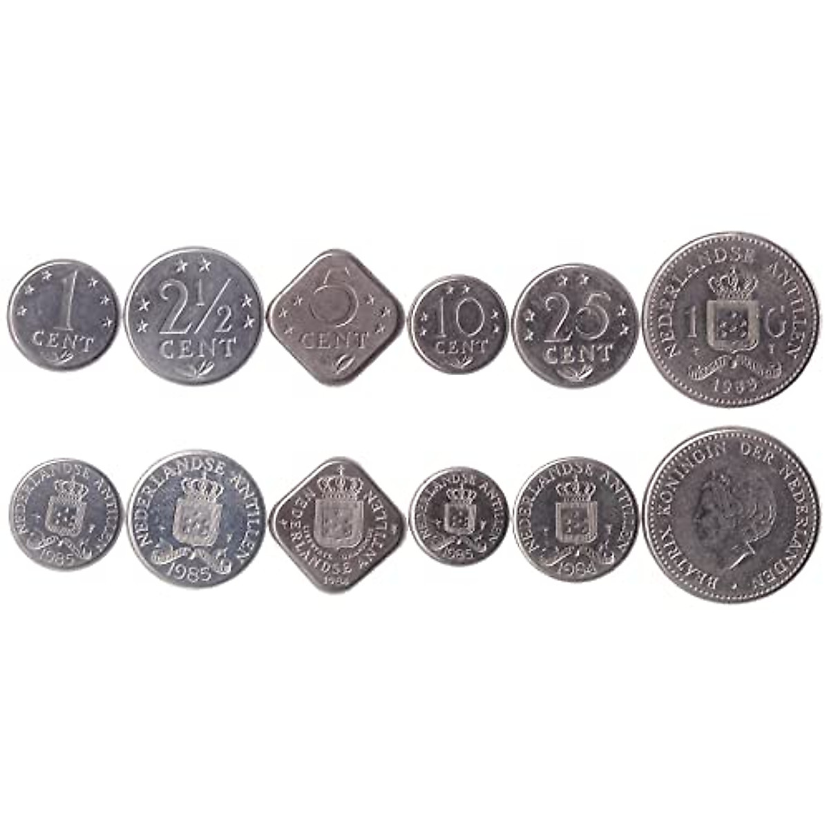 6 Coins from Netherlands Antilles | Netherlands Antillean Coin Set Collection 1 2½ 5 10 25 Cents 1 Gulden | Circulated 1980-1985 | Beatrix