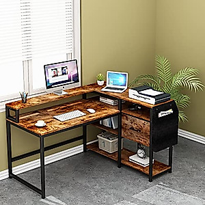 Loomie Reversible L Shaped Desk with Drawer, 55" W x 41" D Industrial Corner Computer Desk with 4 Tier Shelves & Monitor Stand and Bag, Study Table for Home Office, Rustic