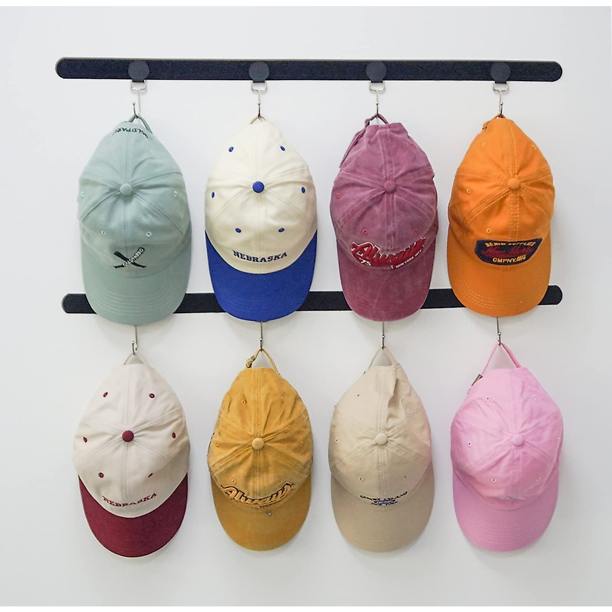 ETOWIFA Hat Organizer Rack for Baseball Caps [Up to 32 Caps] Hat Hanger Display for Wall and Over The Door Closet, Room/College Dorm Storage Holder - 2 Adhesive Straps and 8 Removable Hooks