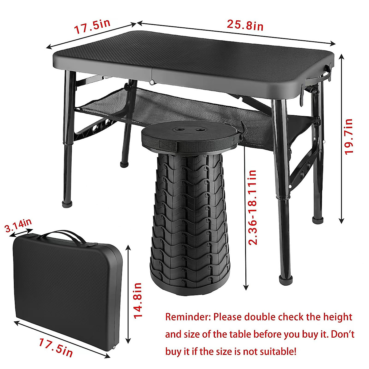 ZTMT Folding Table and Stool, Small, Black, 4 Foot Outdoor Portable Table, Adjustable Height, Camping, Picnic, RV Table, 55lbs Load-Bearing, Lightweight