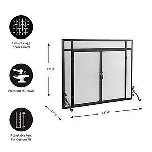 Plow & Hearth Metal Fireplace Screen Flatguard Black | 44" W x 33" H | 2 - Door | Spark Guard Indoor Grate | Iron Fire Place Cover | Wood Burning Stove Decorative Accessories