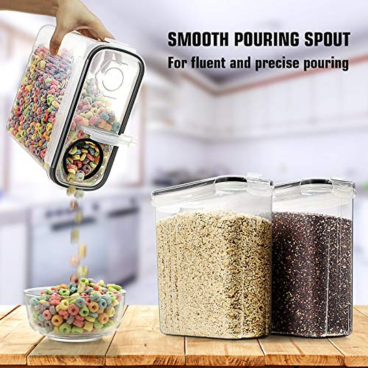 Wildone Cereal Storage Containers Set, Large BPA Free Plastic Airtight Food Storage Containers 4L /135.3oz for Cereal, Flour, Sugar, 6 Piece Set Cereal Dispensers with 20 Labels & Marker, Black