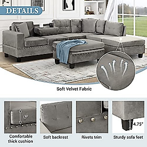 Eafurn L Shaped Sectional Reversible Chaise and Drop Down Table & Cupholders, Upholstery Corner Storage Ottoman, Tufted Convertible Sofa & Couch for Living Room Furniture Set, Gray 104.5"