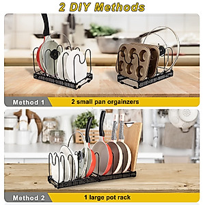 Pots and Pans Organizer Lid Organizer Dishes Bakeware Storage Rack Expandable Black Rack Holder with 10PCS Adjustable Compartment for Kitchen Cabinet Cupboard Drawer Counter