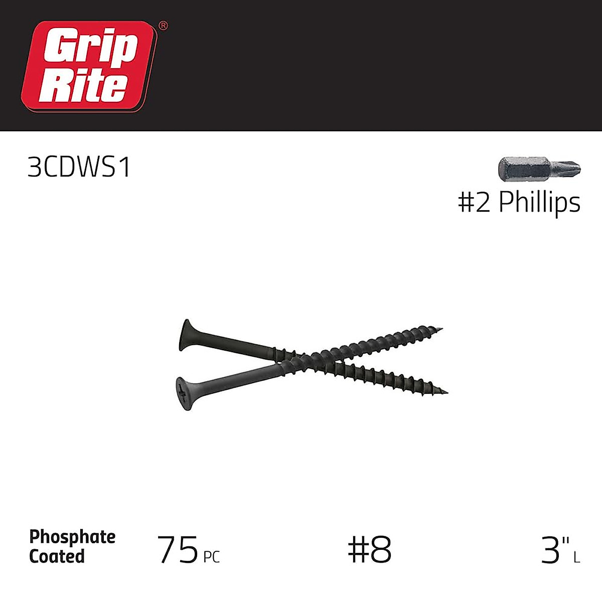 Grip-Rite 3CDWS1 #8 X 3" Phillips Bugle Head Coarse Thread Sharp Point Drywall Screw, 1lb Box