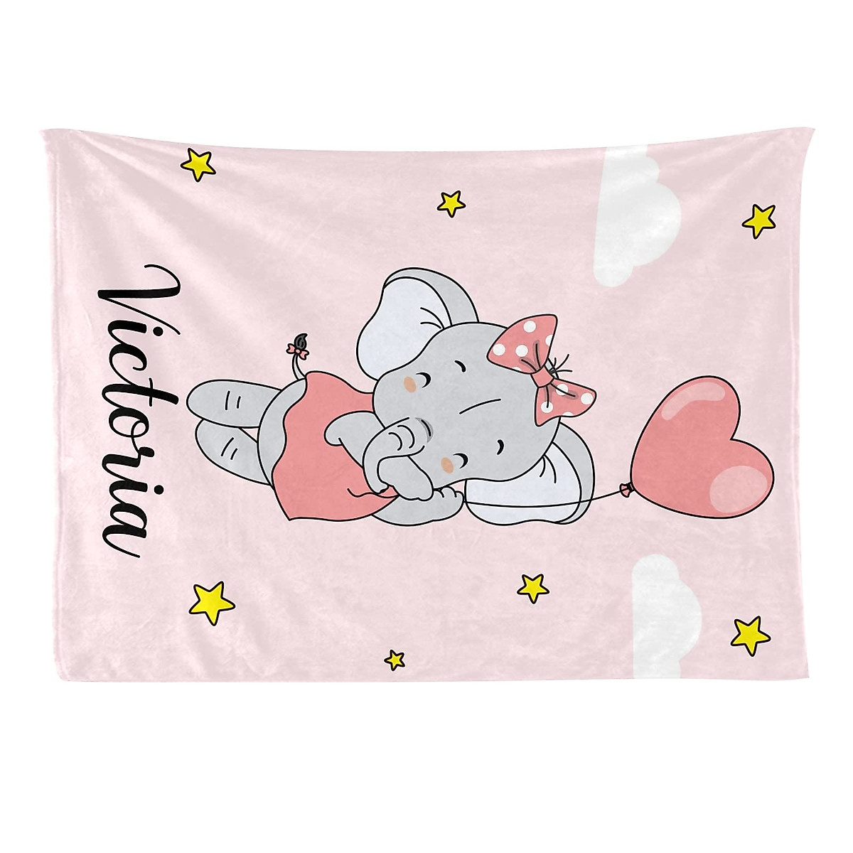 Elephant Flying Balloon Personalized Monogramed Baby Shower Blanket for Baby Girl Boy, Custom Name Soft Warm Newborn Throw Blanket 30X40 in